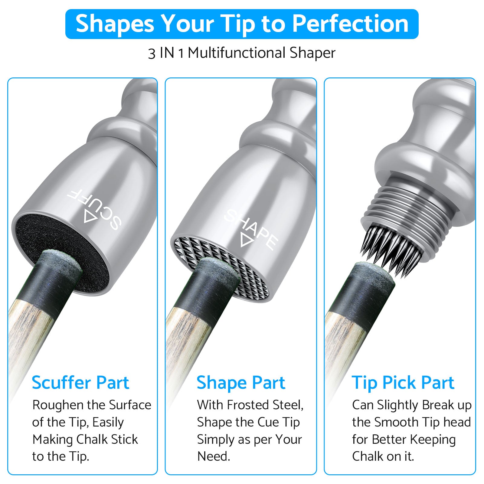 Snooker Pool Cue Tip Shaper 3 in 1 Tool - Shaper, Scuffer, Aerator – esynic